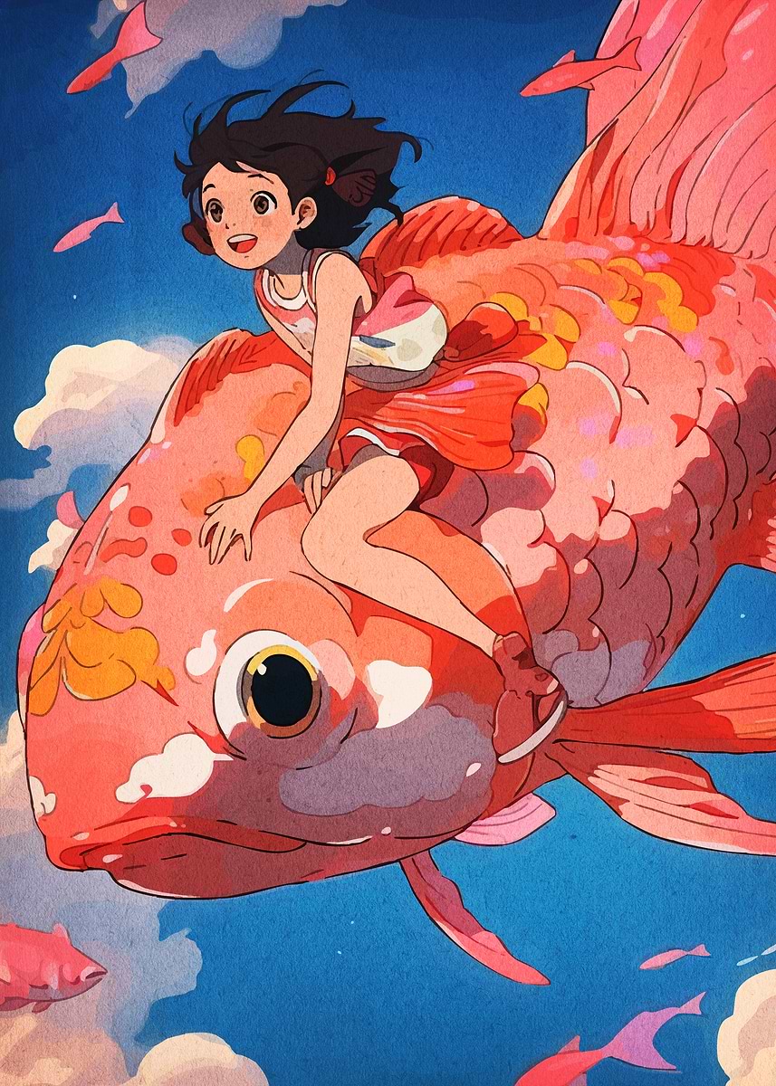 'Girl Riding a Giant Goldfish in Sky' Poster, picture, metal print ...