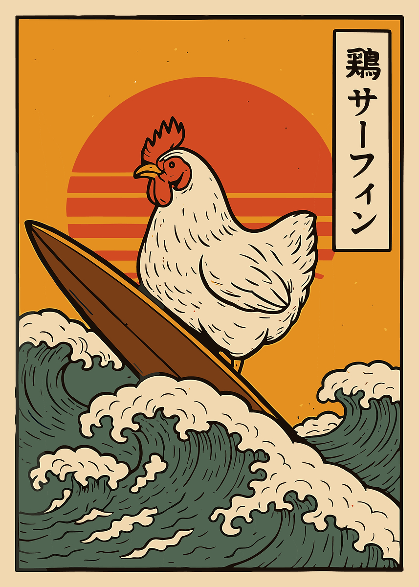 'Surfing Chicken Poster, Japanese Sun Wave Art Print, Fun Coastal ...
