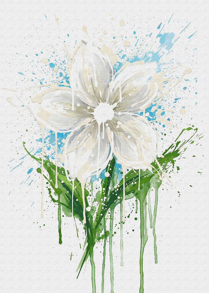 'White Flower with Paint Splatters' Poster, picture, metal print, paint ...