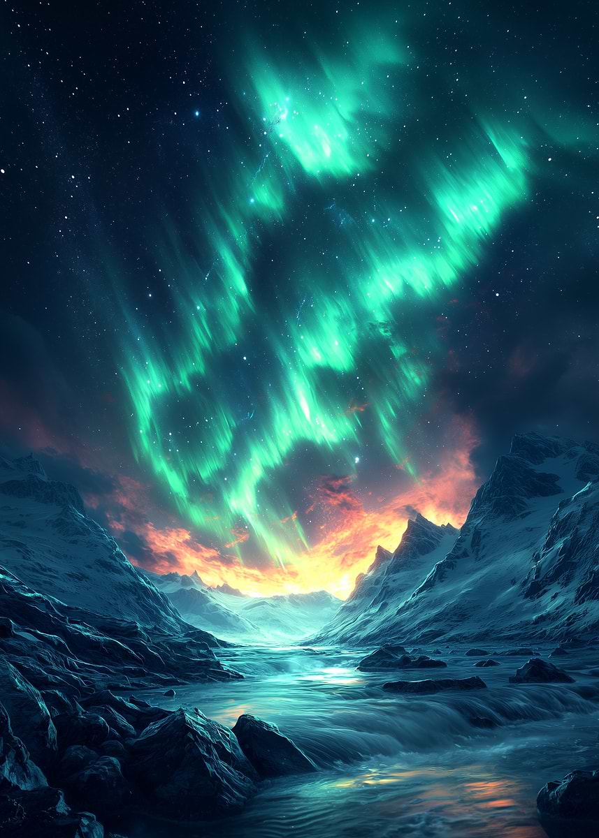 'Northern Lights: Emerald Aurora Over Frozen Peaks' Poster, picture ...