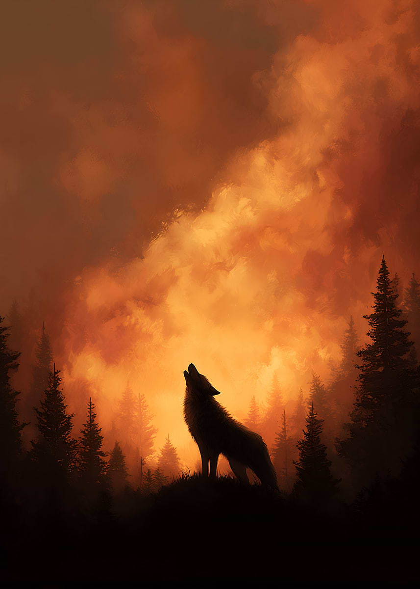 'Wolf Howling at Fire Forest' Poster, picture, metal print, paint by ...