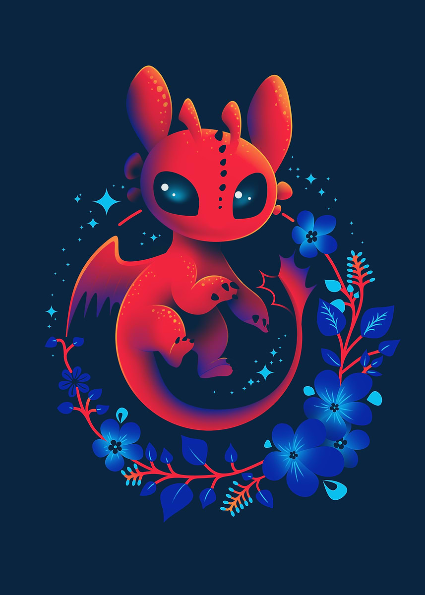 'Cute Red Dragon with Blue Flowers' Poster, picture, metal print, paint ...