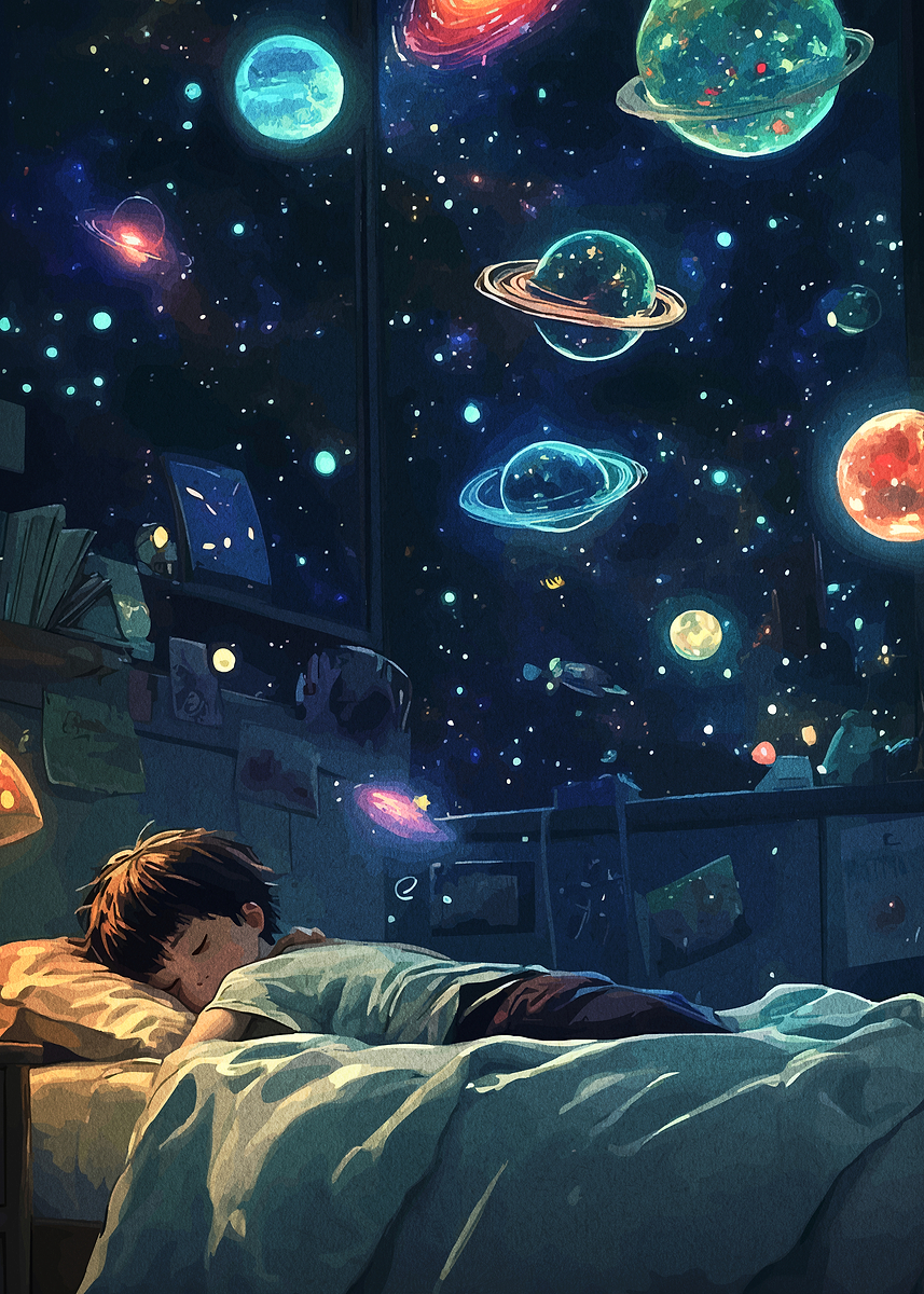 'Boy Sleeping with Space Dream' Poster, picture, metal print, paint by ...