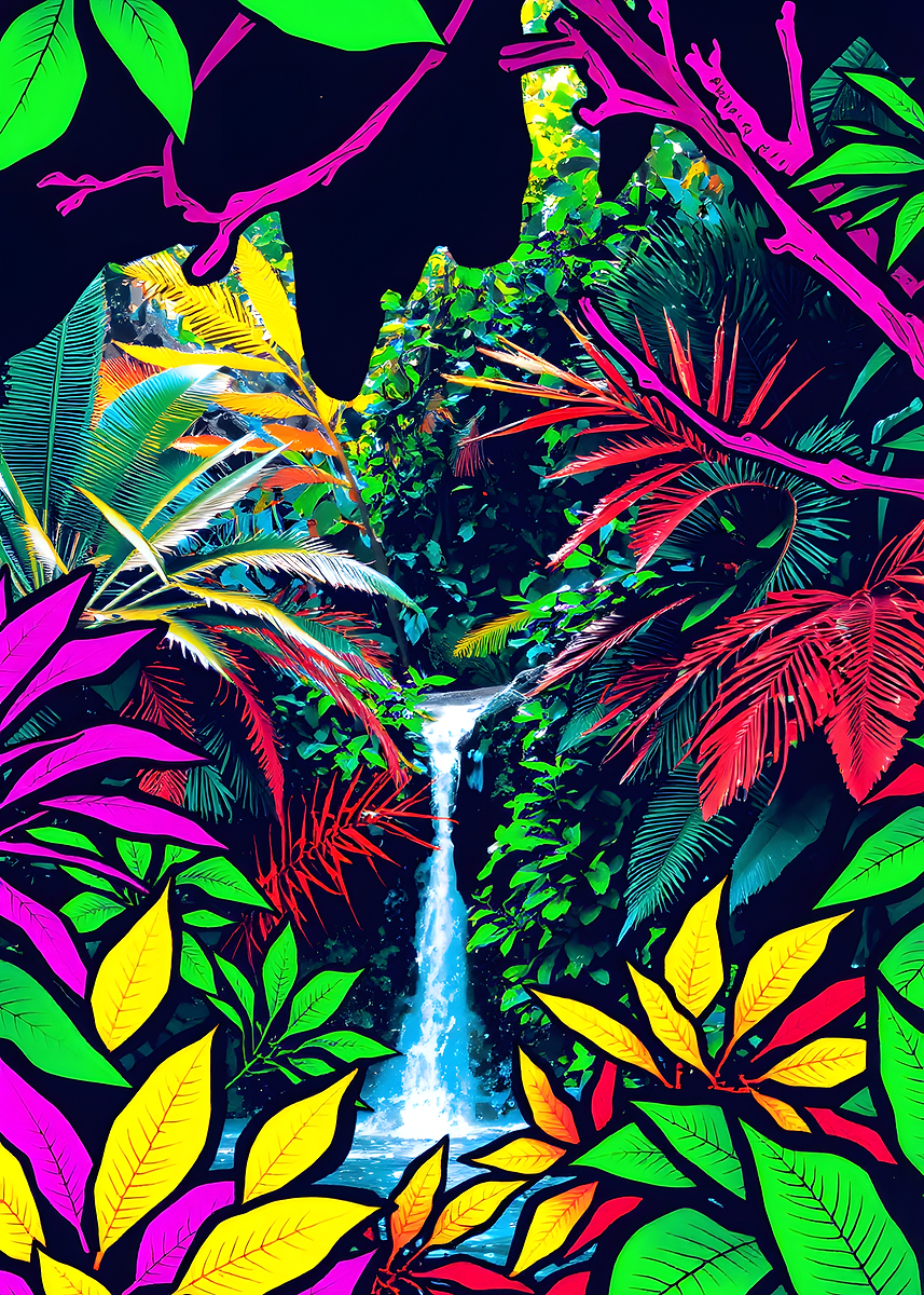 'Vibrant Tropical Waterfall Digital Art' Poster, picture, metal print ...