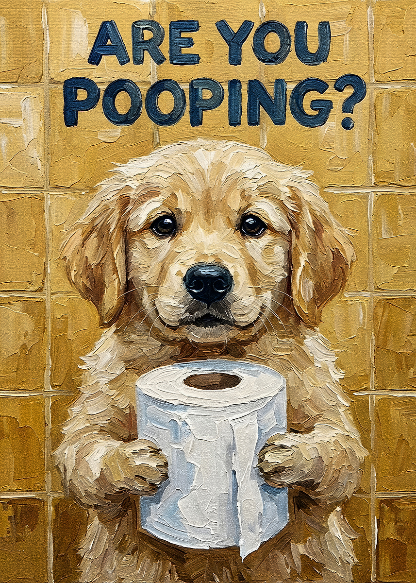 'Are You Pooping? Dog with Toilet Paper' Poster, picture, metal print ...