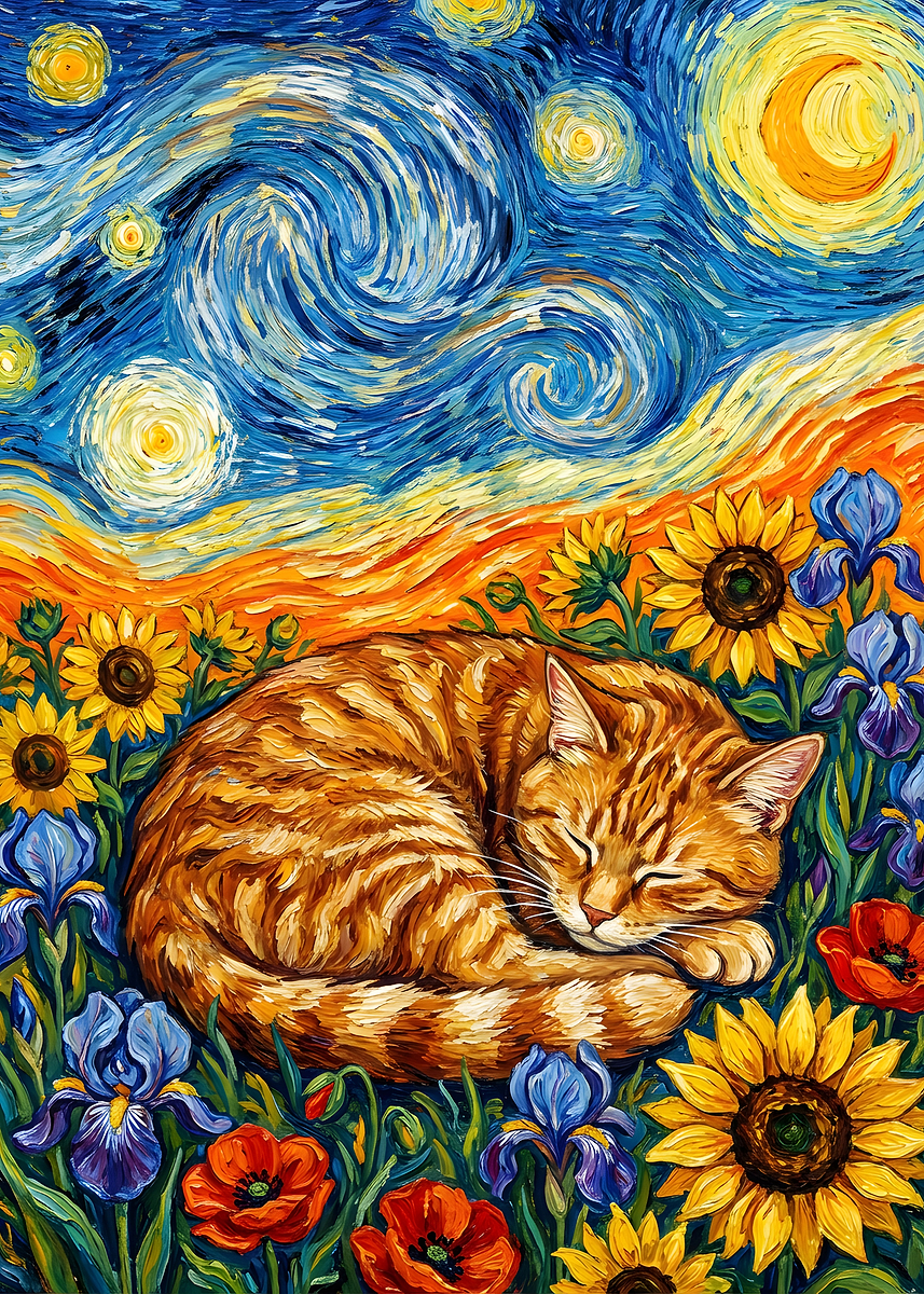 'Cat Sleeping in Starry Night Flowers' Poster, picture, metal print ...