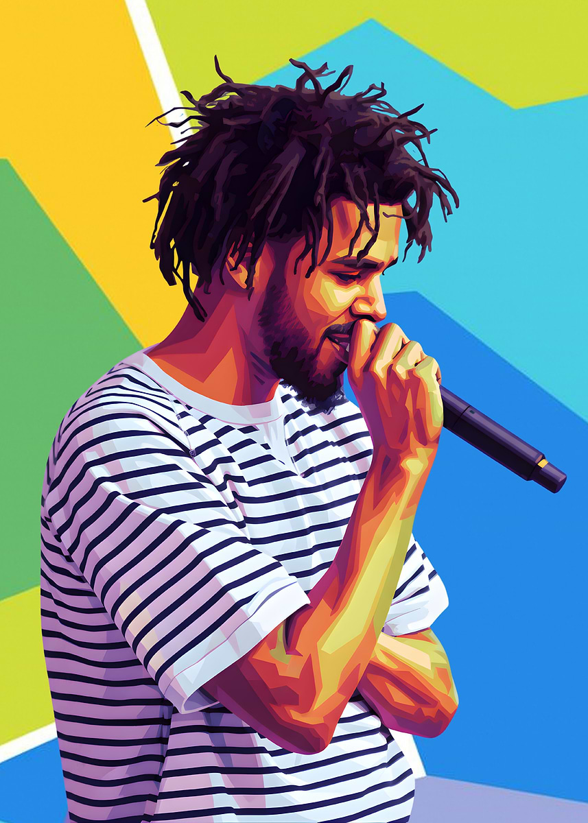 'J. Cole Portrait with Microphone' Poster, picture, metal print, paint ...