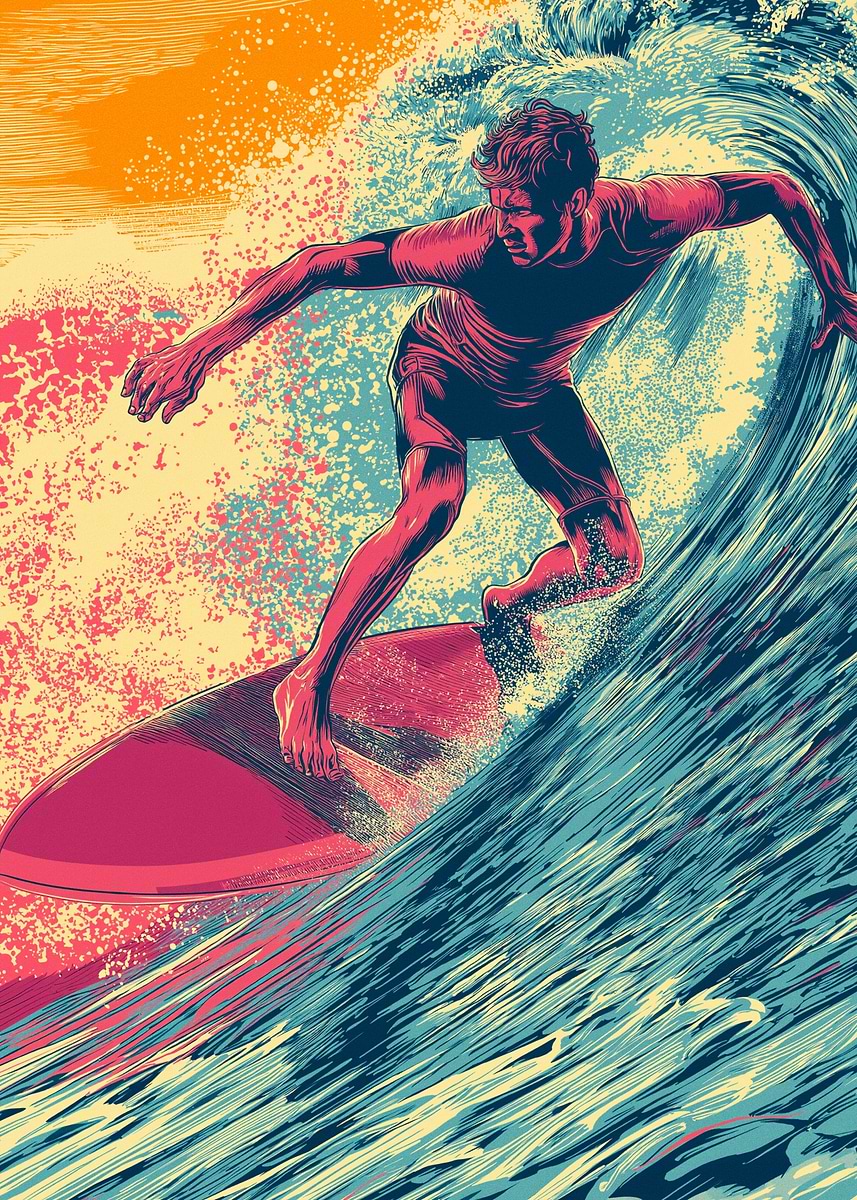 'Surfer Riding a Wave Illustration' Poster, picture, metal print, paint ...