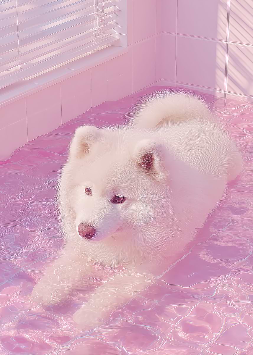 'Samoyed dog in pink water' Poster, picture, metal print, paint by ...
