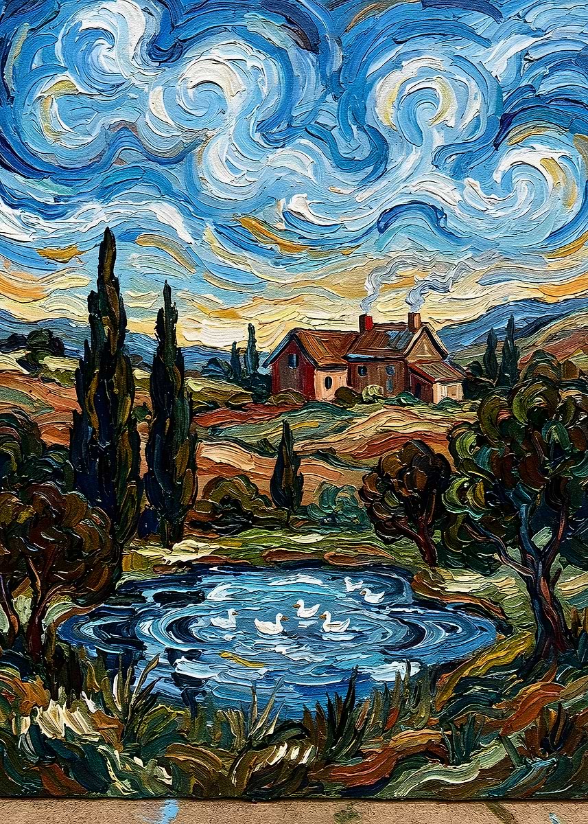 'Impressionistic Landscape with Ducks and House' Poster, picture, metal ...