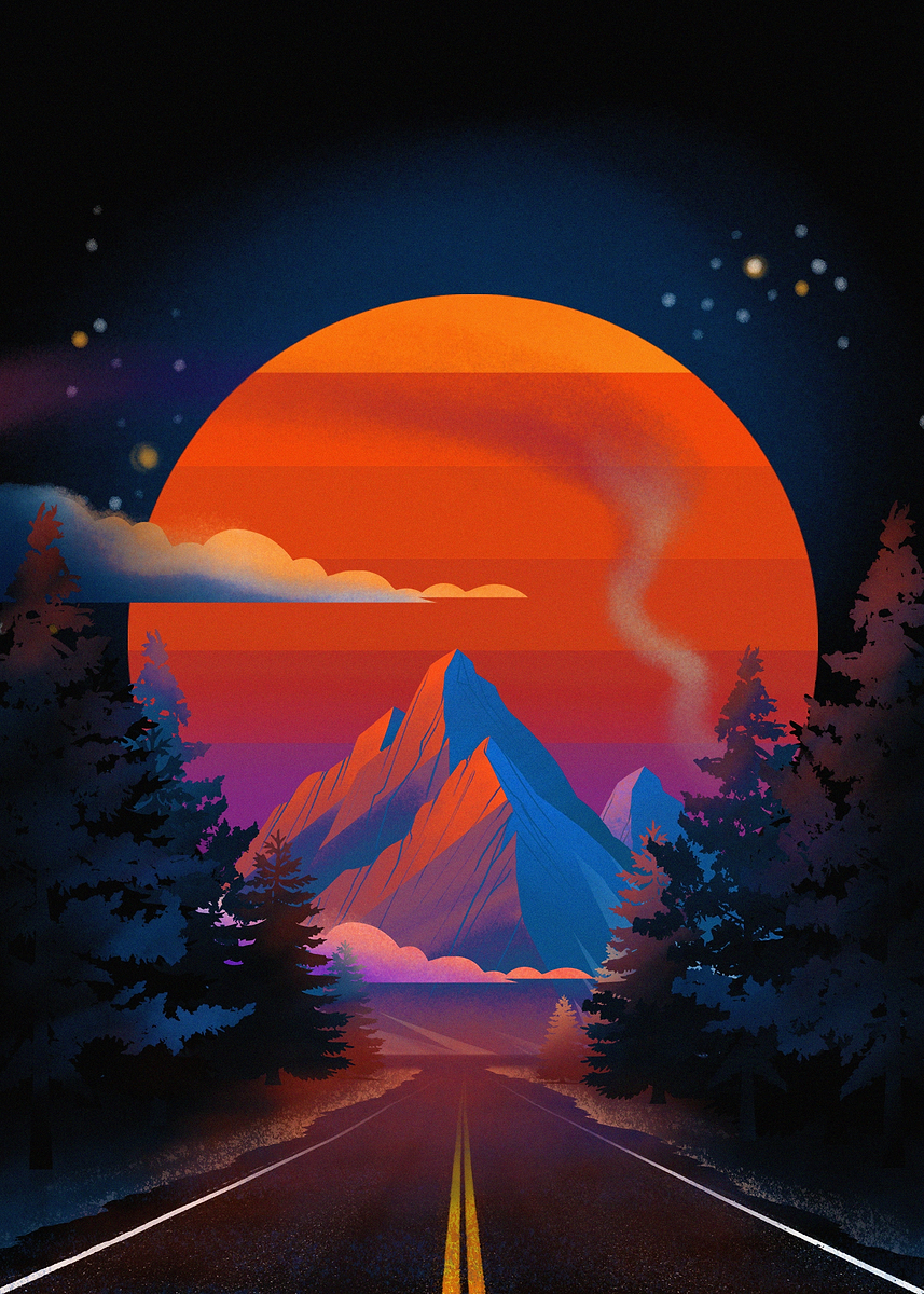 'Mountain Road at Sunset Digital Art' Poster, picture, metal print ...