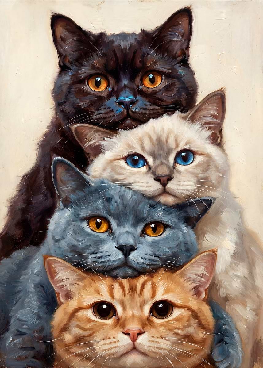 'Stacked Cats Portrait' Poster, picture, metal print, paint by Mikazuki ...