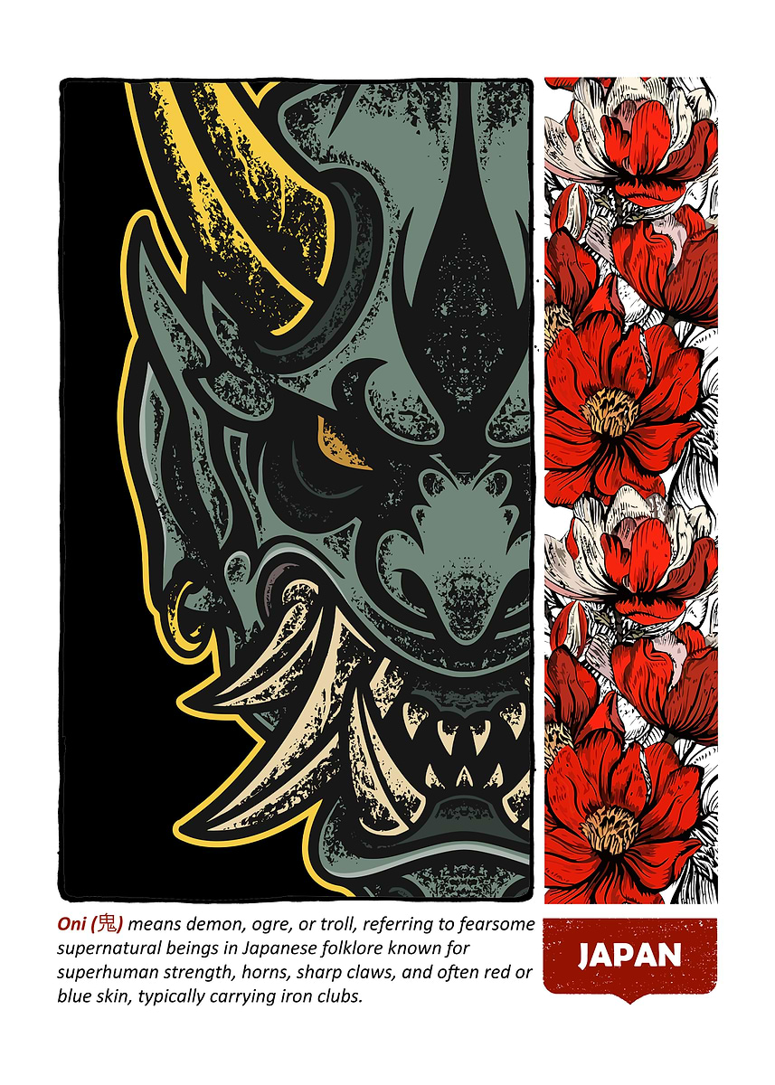 'Oni Mask and Red Flowers' Poster, picture, metal print, paint by Gab ...