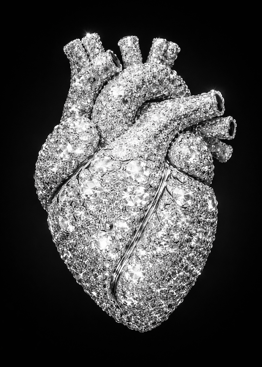 'Diamond Heart Sculpture on Black Background' Poster, picture, metal ...