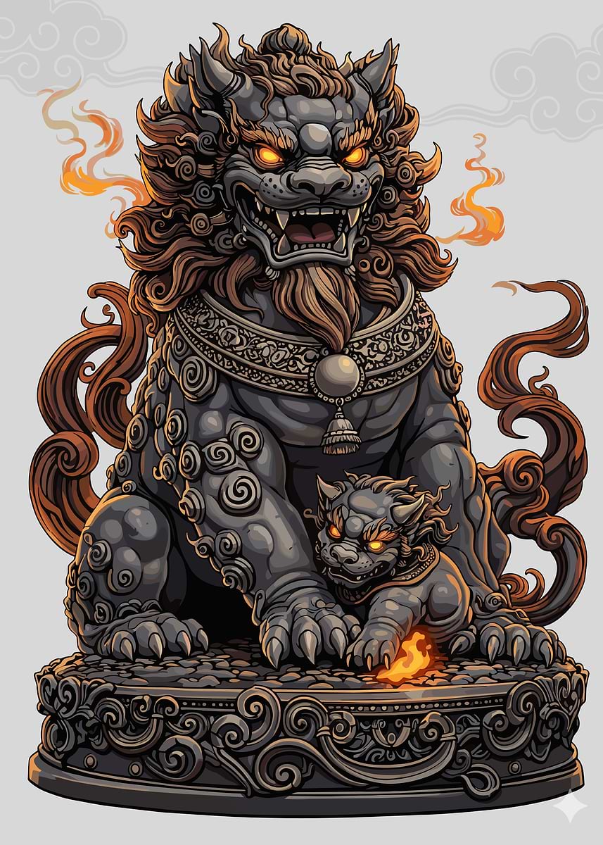 'Foo Dog Statue with Cub' Poster, picture, metal print, paint by ...