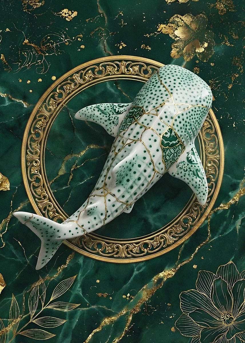 'Porcelain Shark with Kintsugi on Emerald' Poster, picture, metal print ...