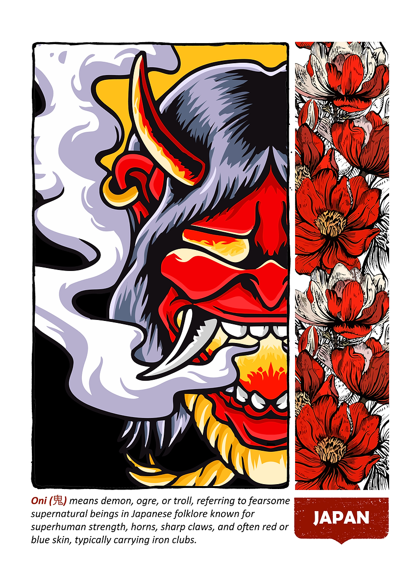 'Japanese Oni Mask with Floral Design' Poster, picture, metal print ...
