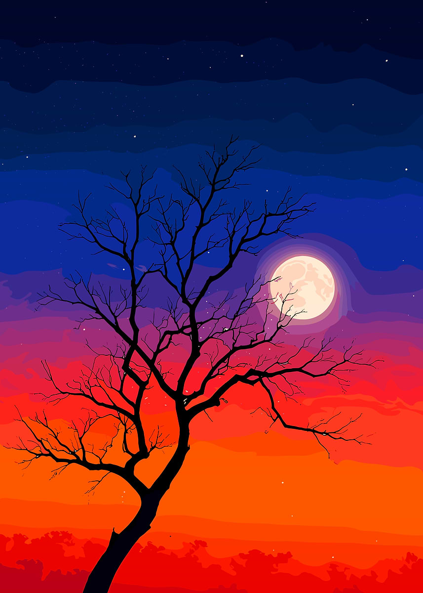 'Silhouette Tree Against Colorful Night Sky' Poster, picture, metal ...