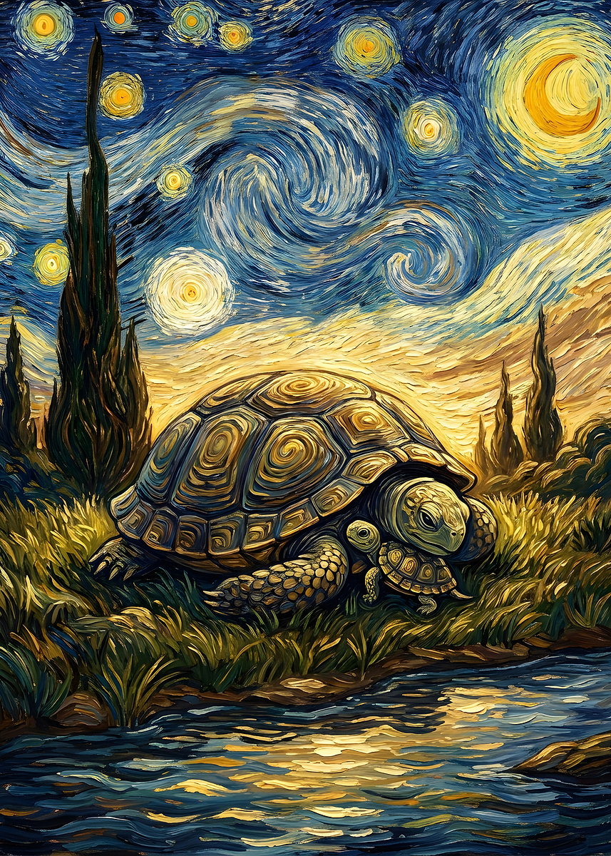 'Turtles in Starry Night Style' Poster, picture, metal print, paint by ...