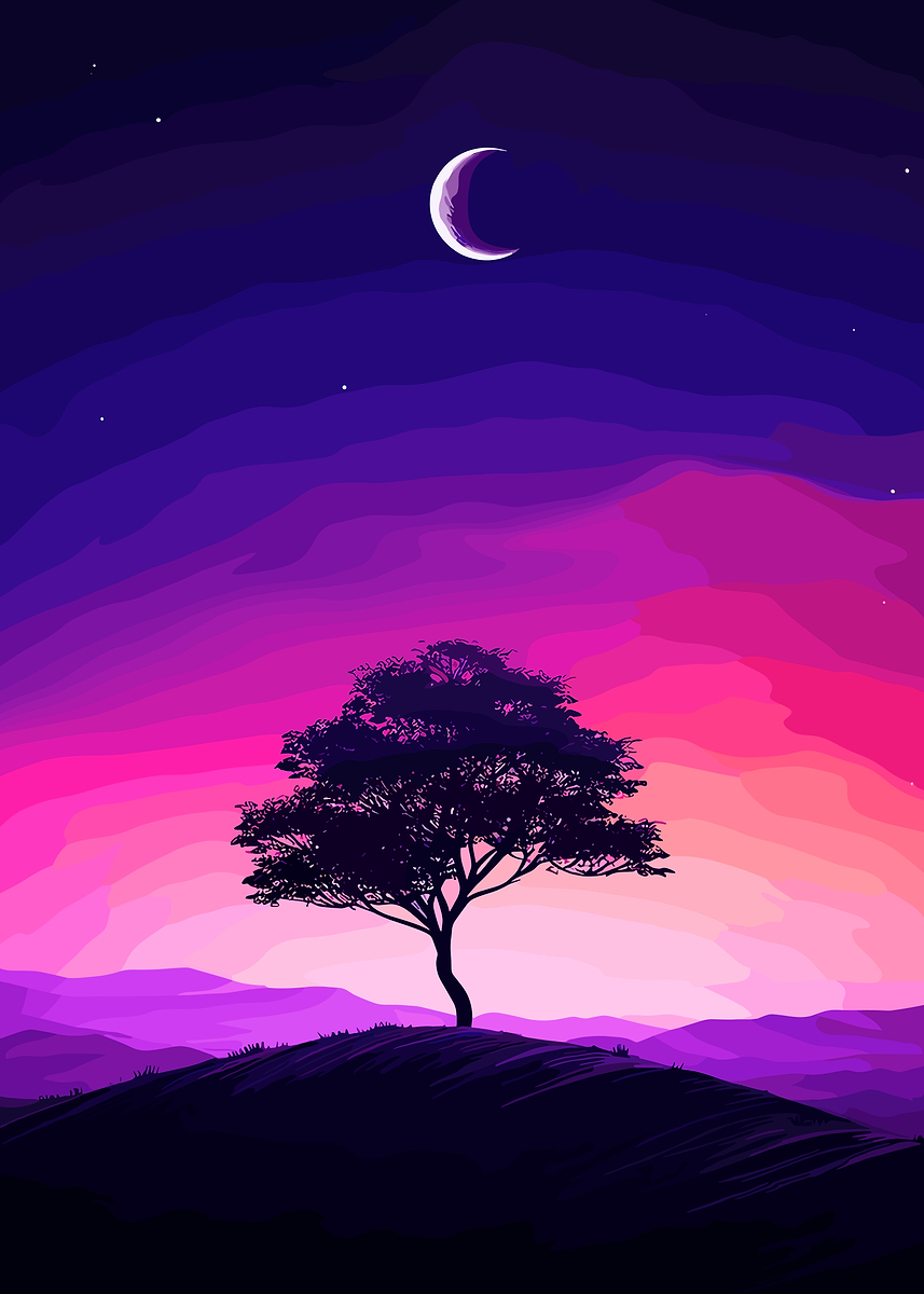 'Silhouette Tree Under Crescent Moon' Poster, picture, metal print ...