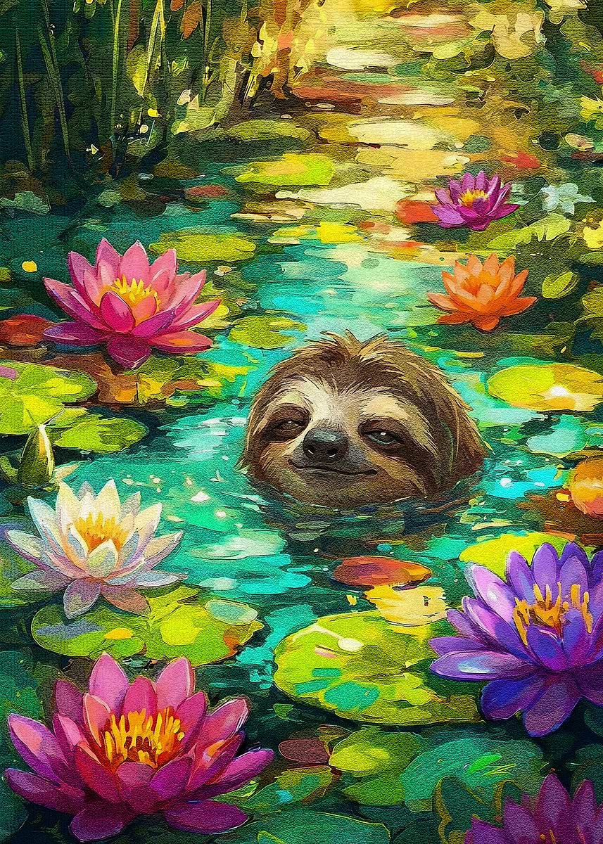 'Sloth in Lily Pond Painting' Poster, picture, metal print, paint by ...