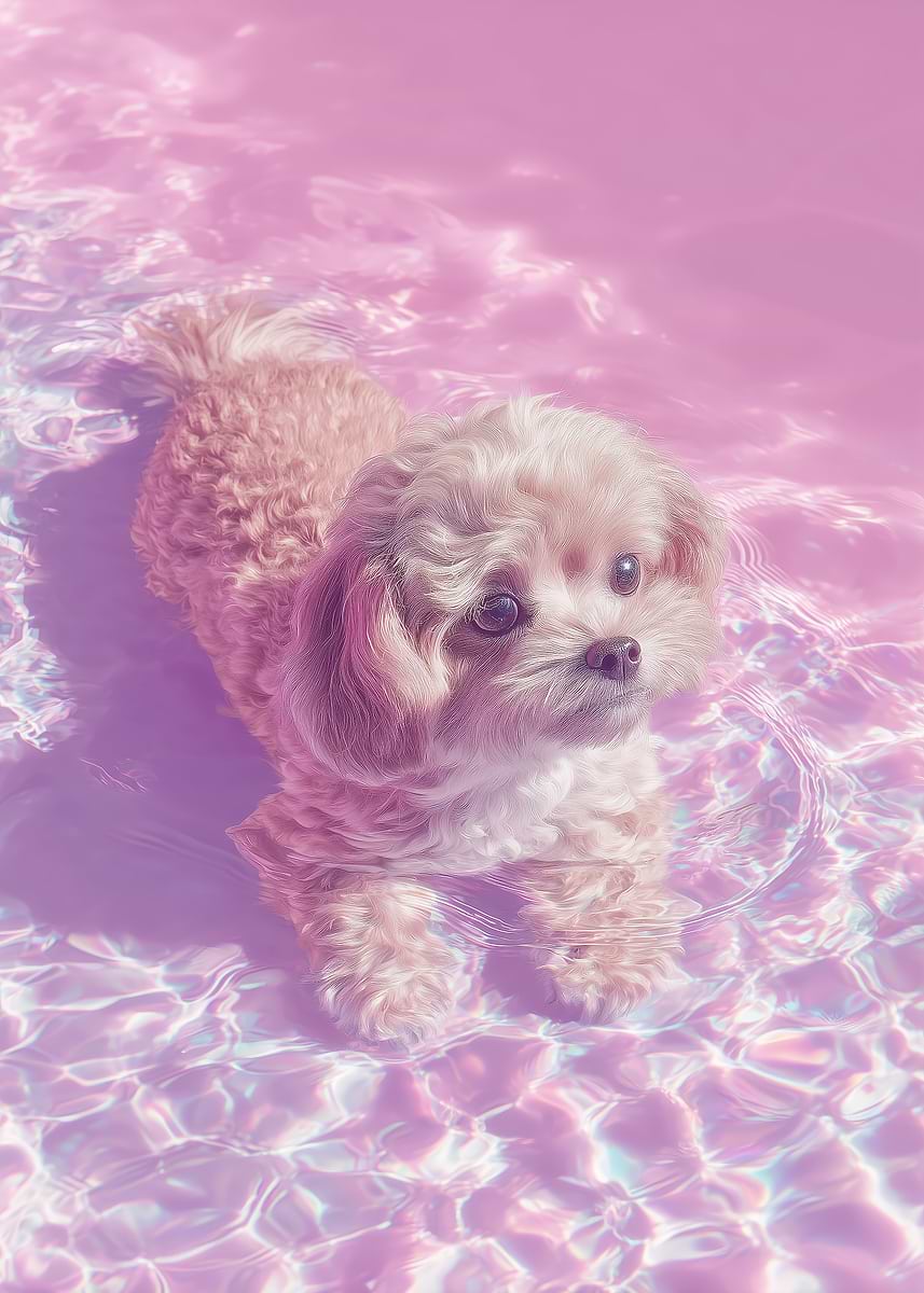 'Dog in Pink Water' Poster, picture, metal print, paint by Stepje ...