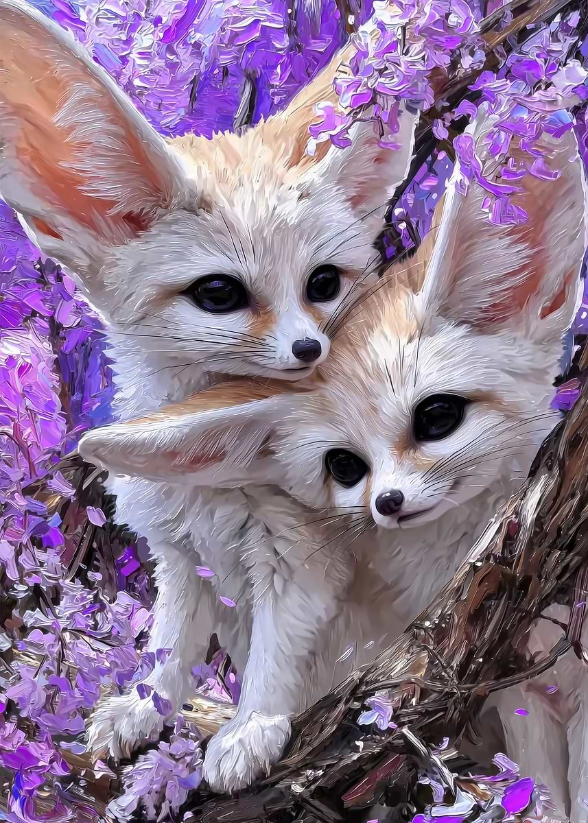 'Two Cute Fennec Foxes in Purple Flowers' Poster, picture, metal print ...