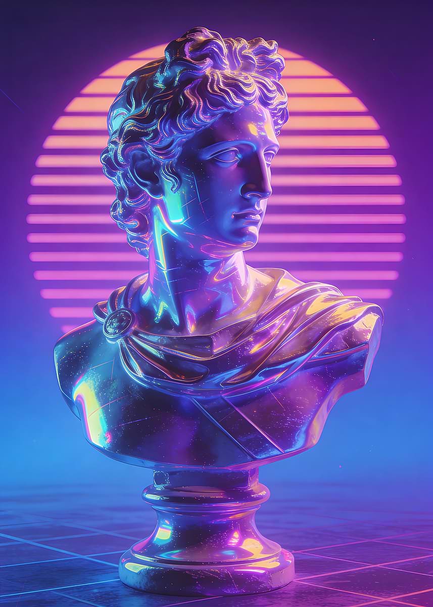 'Neon Apollo Bust with Retro Background' Poster, picture, metal print ...
