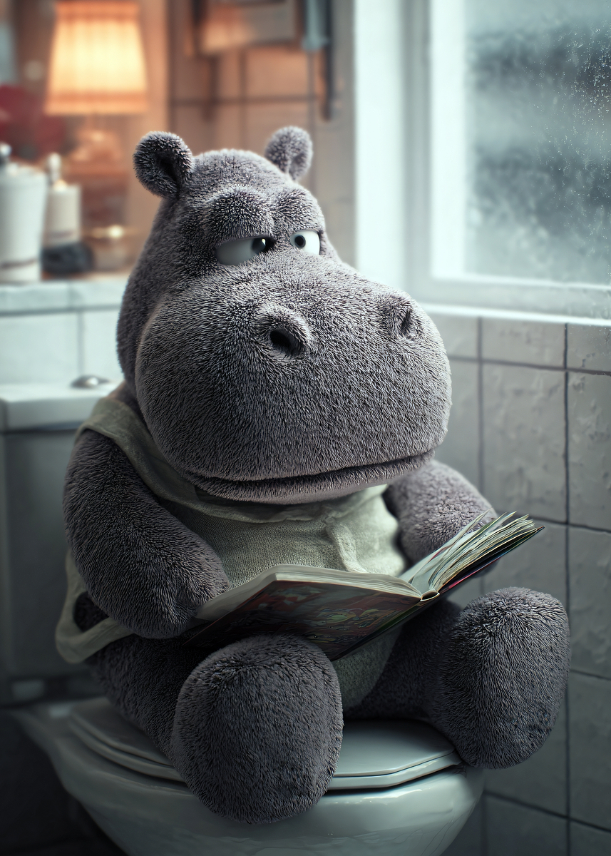 'Hippo reading on the toilet' Poster, picture, metal print, paint by ...