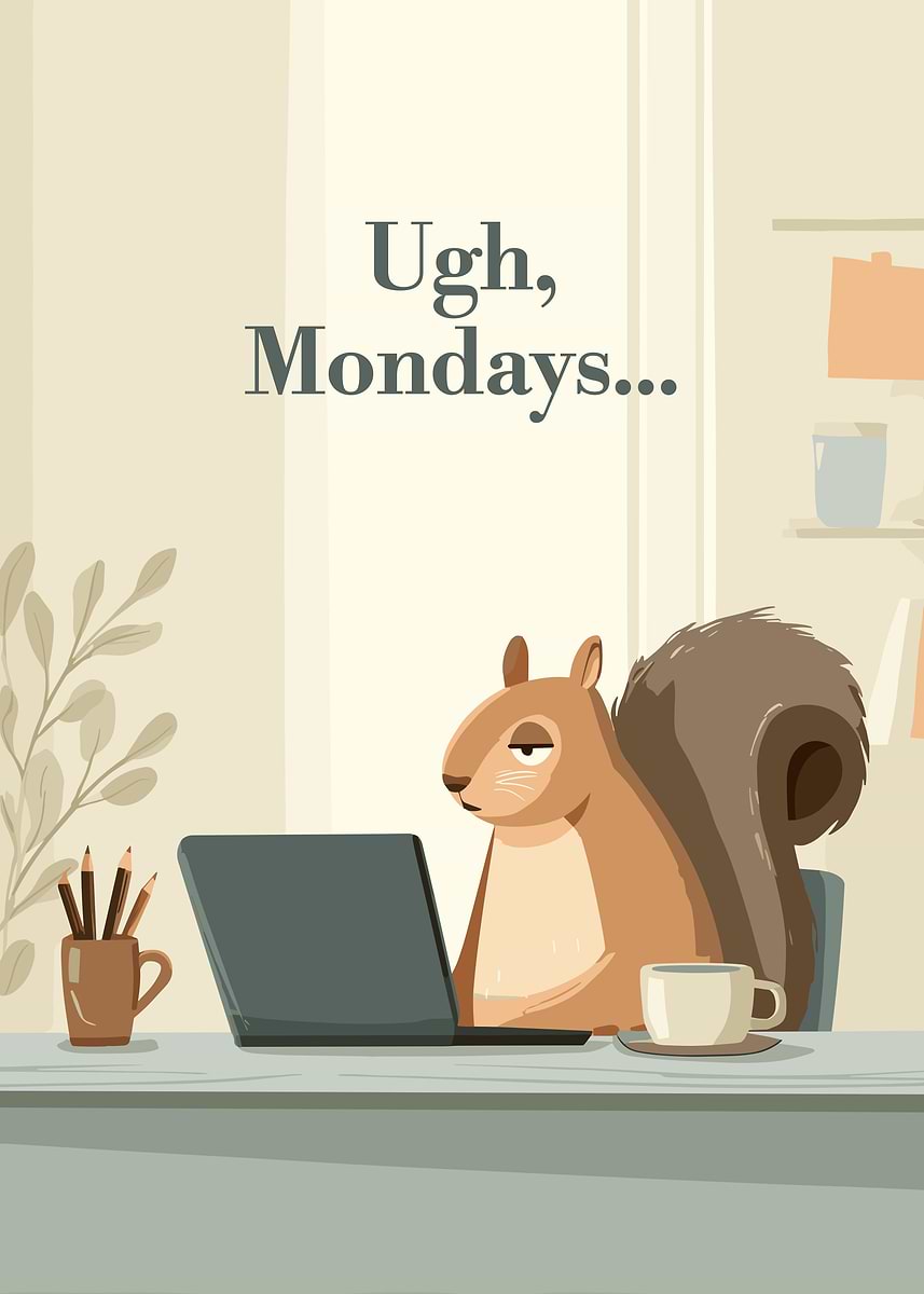 'Ugh, Mondays... Squirrel at Work' Poster, picture, metal print, paint ...