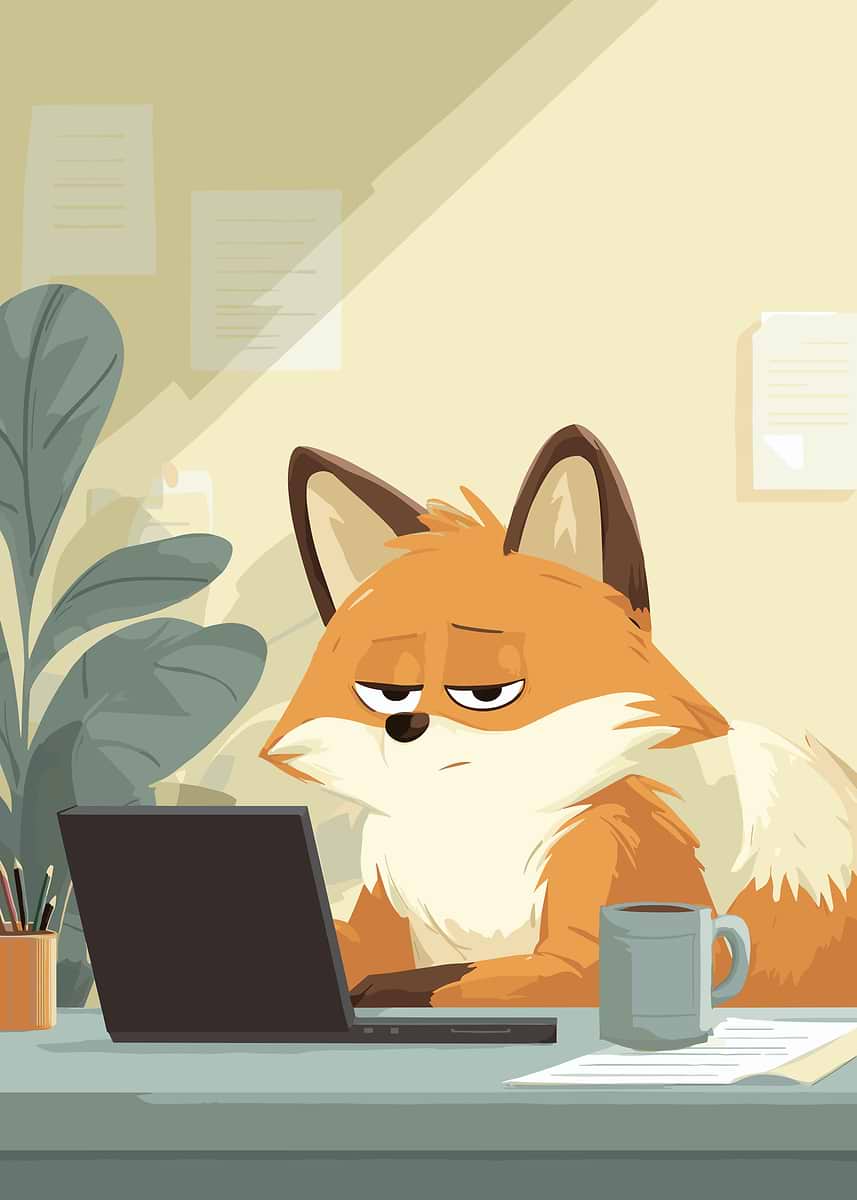 'Tired Fox Working on Laptop' Poster, picture, metal print, paint by ...
