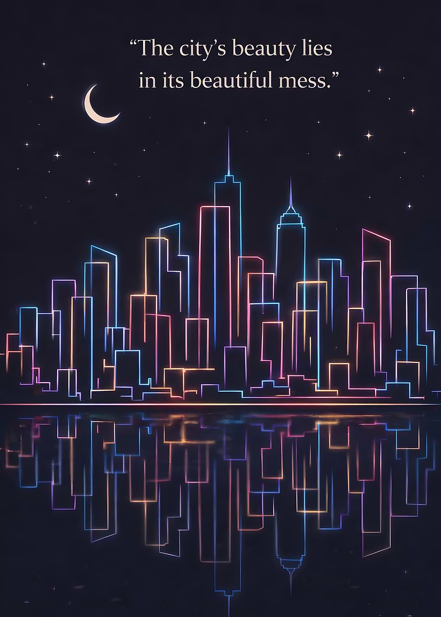 'Quotes Neon Cityscape Reflection at Night' Poster, picture, metal ...