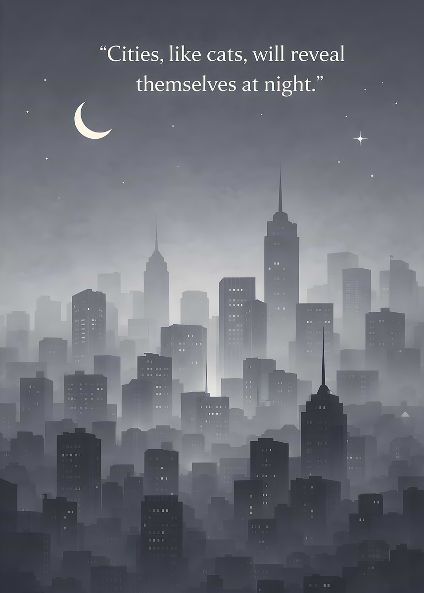 'Cityscape at Night with Quote' Poster, picture, metal print, paint by ...