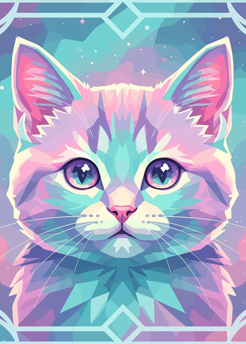 'Pastel Geometric Cat Portrait' Poster, picture, metal print, paint by ...