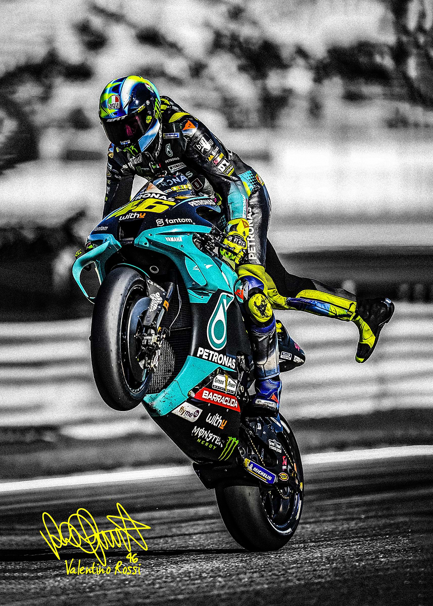 'Valentino Rossi Motorcycle Wheelie' Poster, picture, metal print ...