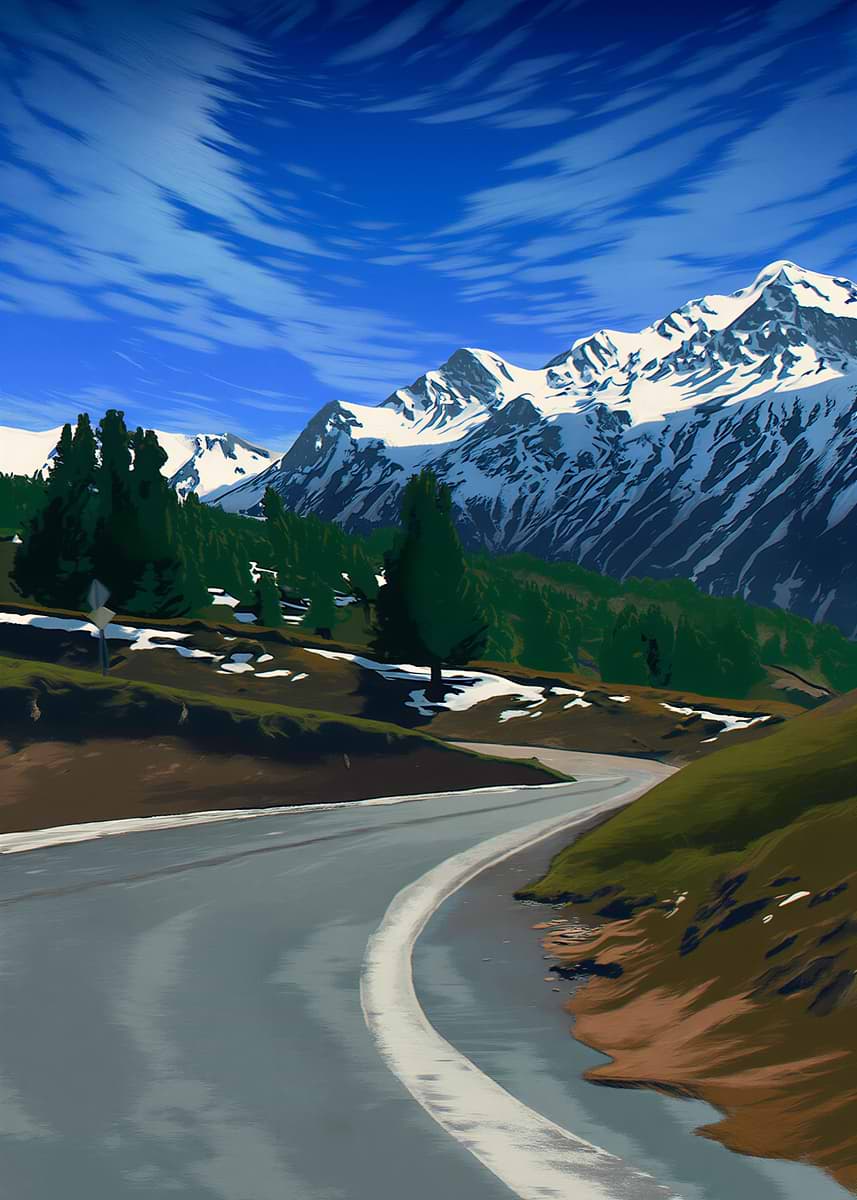 'Mountain Road Landscape' Poster, picture, metal print, paint by Aventus | Displate