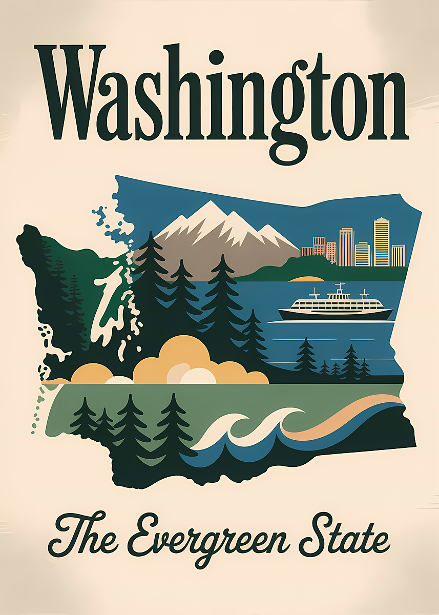 'Washington State Travel Poster Illustration' Poster, picture, metal ...