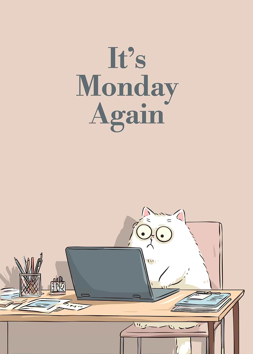 'It's Monday Again Cat Cartoon' Poster, picture, metal print, paint by ...
