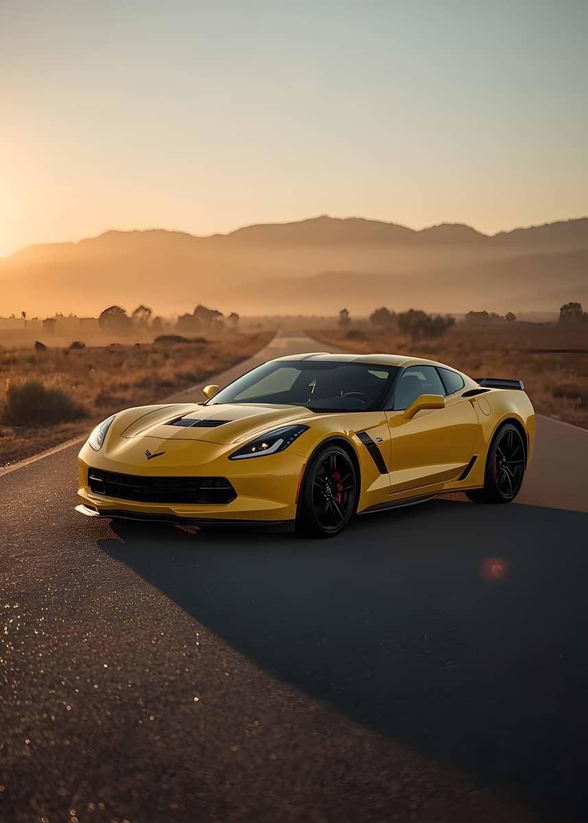 'Yellow Corvette on Desert Road at Sunset' Poster, picture, metal print ...
