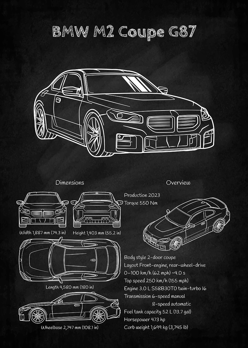 'BMW M2 Coupe G87 Blueprint' Poster, picture, metal print, paint by ...