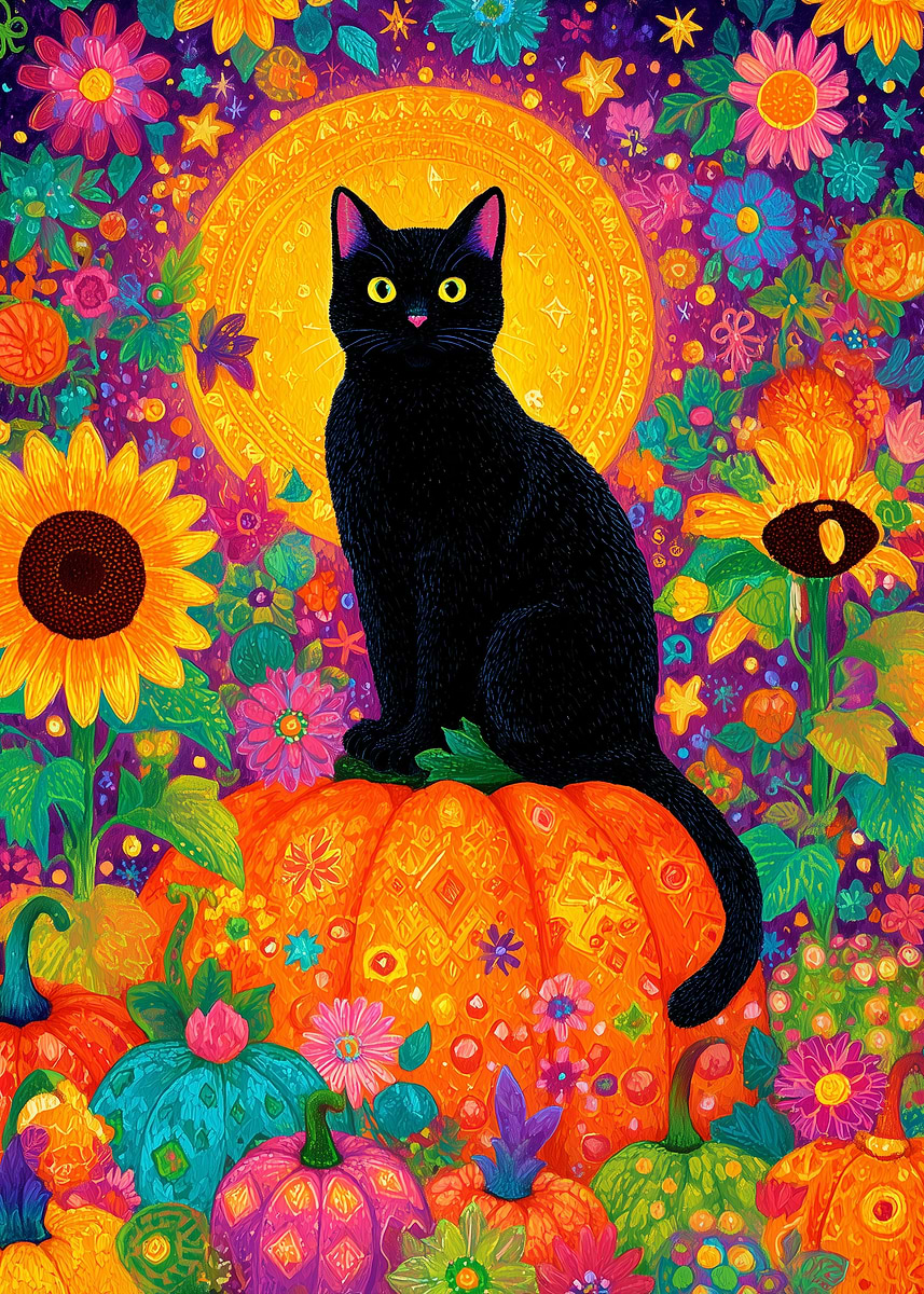 'Black Cat on Pumpkin Patch' Poster, picture, metal print, paint by ...