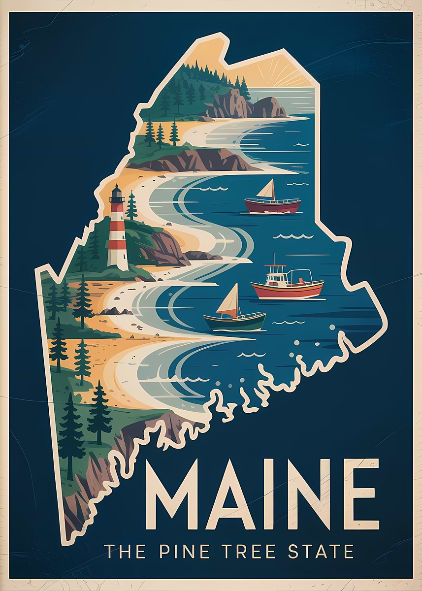'Maine: The Pine Tree State Illustration' Poster, picture, metal print ...