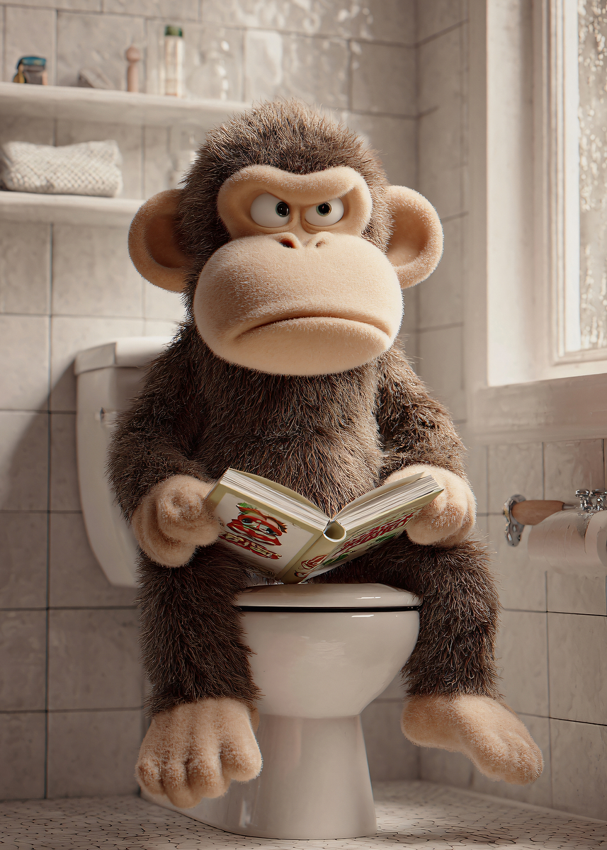 'Grumpy Monkey Reading on the Toilet' Poster, picture, metal print, paint by maria mariou | Displate