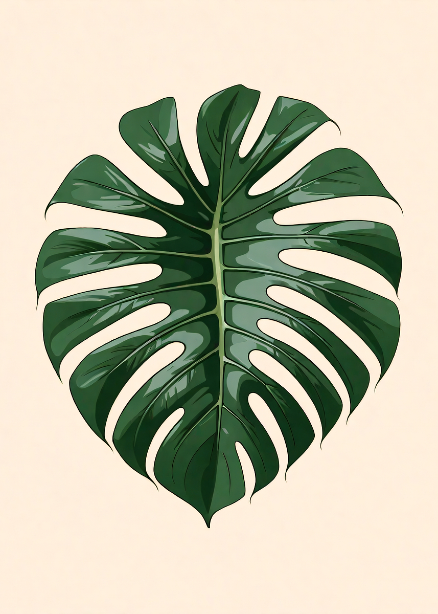 'Monstera Leaf Illustration on Beige Background' Poster, picture, metal ...