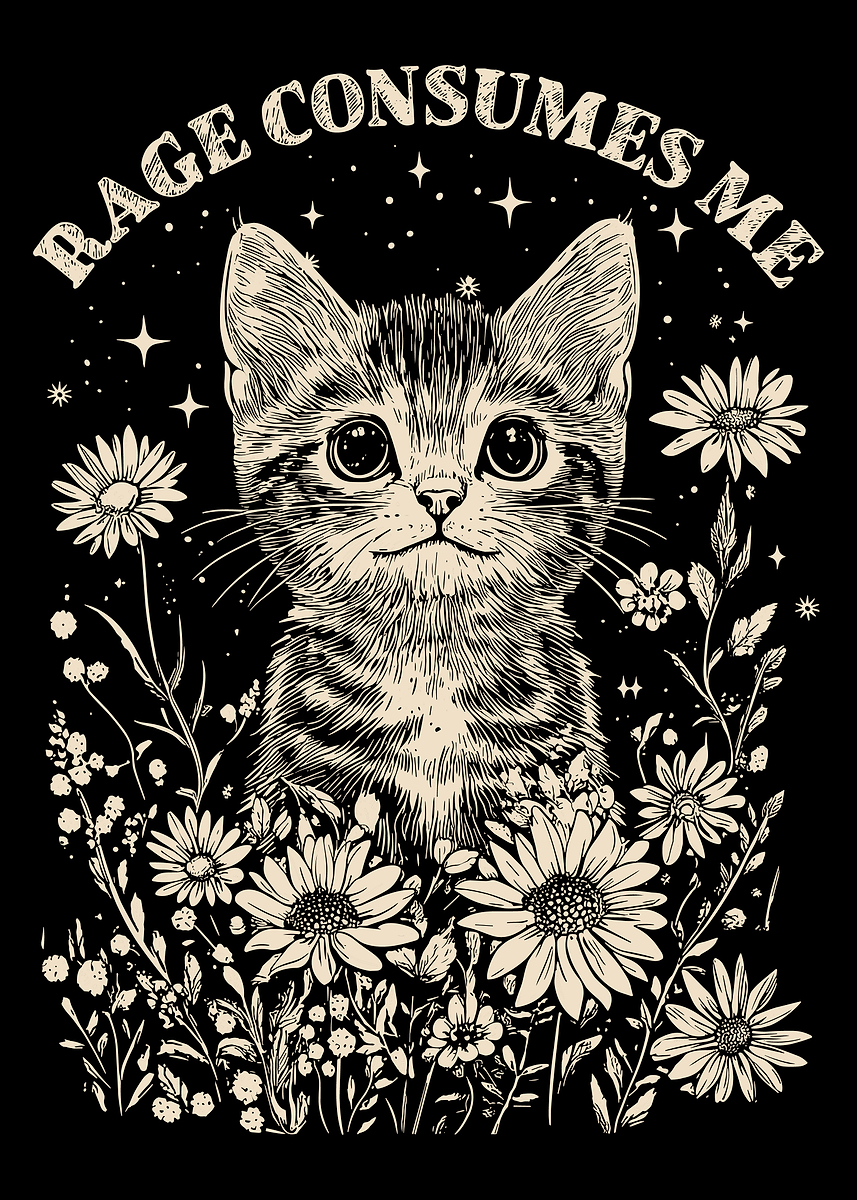 'Rage Consumes Me Kitten Poster, Whimsical Cat Art Print, Vintage ...
