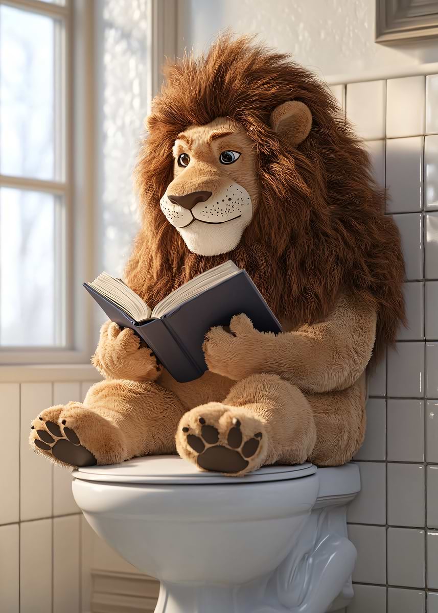 'Lion Reading Book on Toilet' Poster, picture, metal print, paint by ...