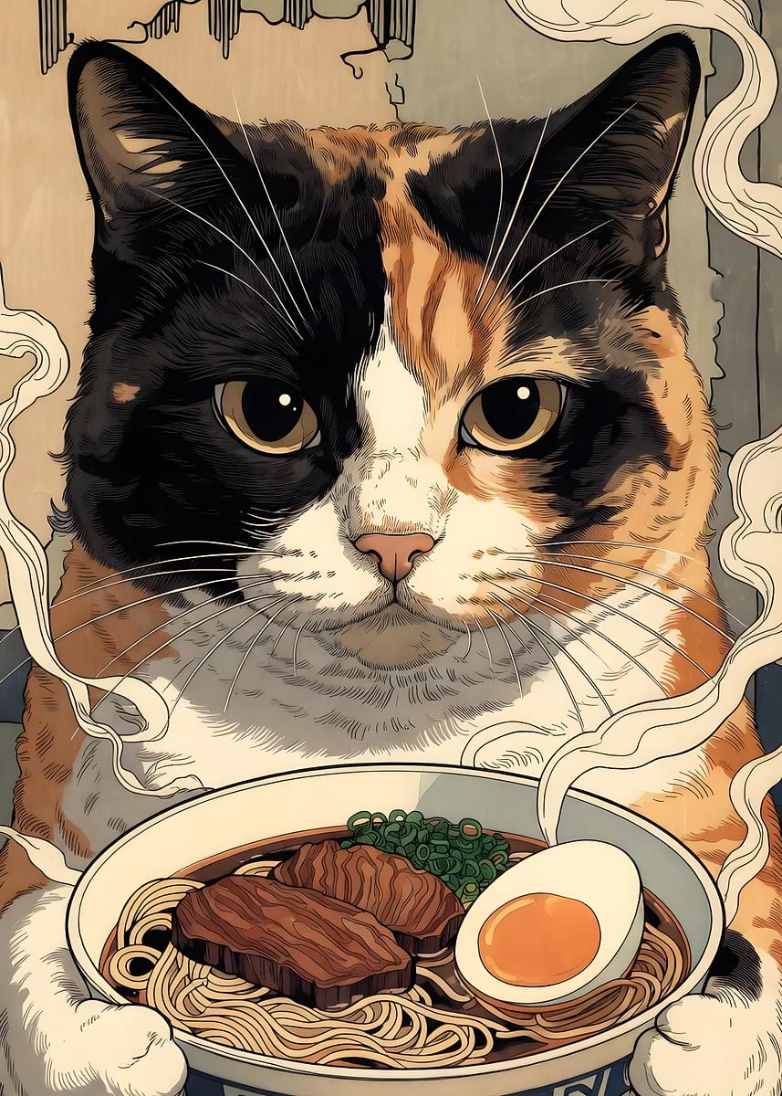 'Cat with Ramen Bowl Illustration' Poster, picture, metal print, paint ...