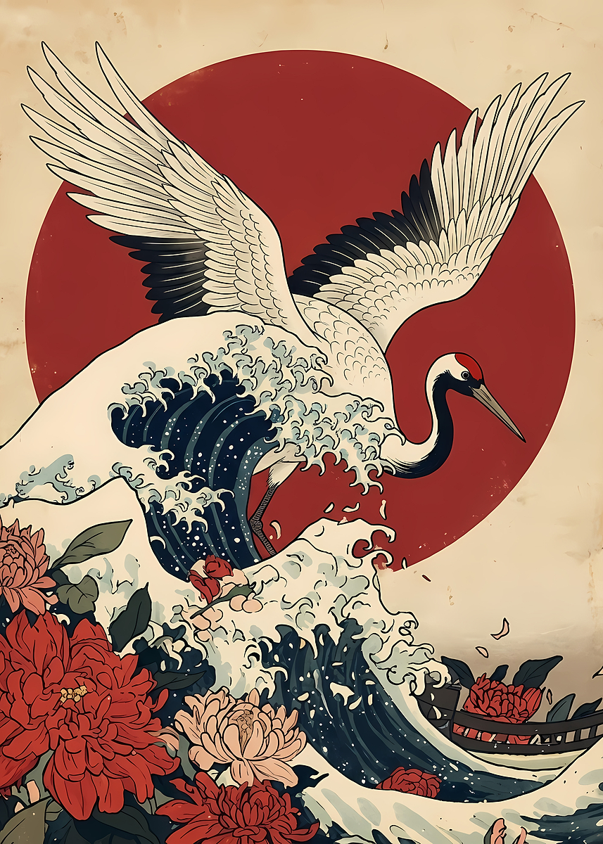 'Japanese Crane with Waves and Flowers' Poster, picture, metal print ...