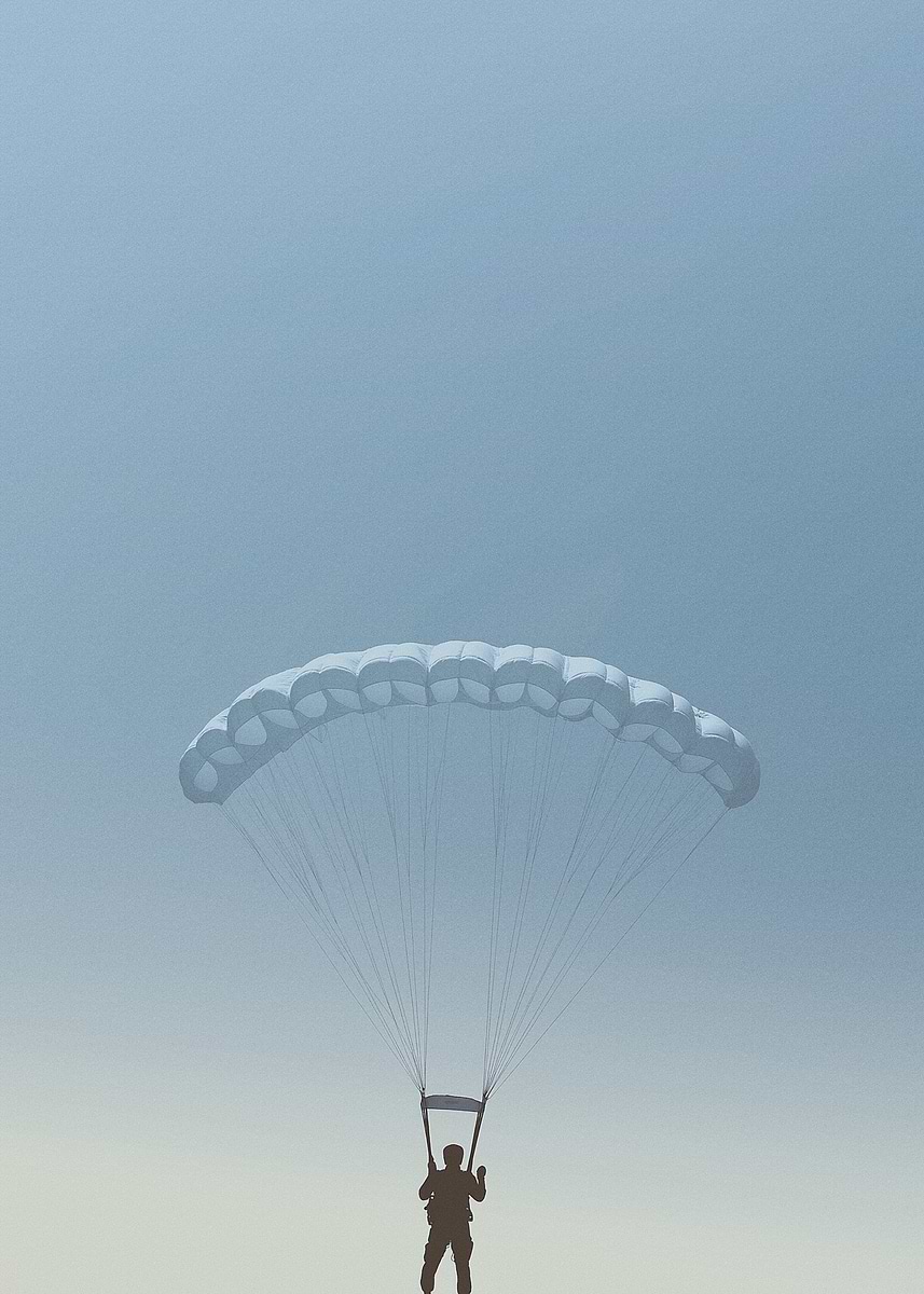 'Parachutist descending under a white parachute' Poster, picture, metal ...