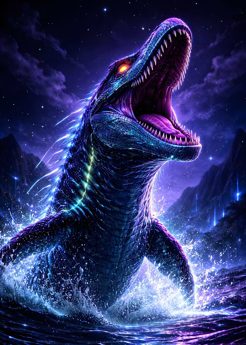'Neon Dinosaur in Water' Poster, picture, metal print, paint by Devran ...